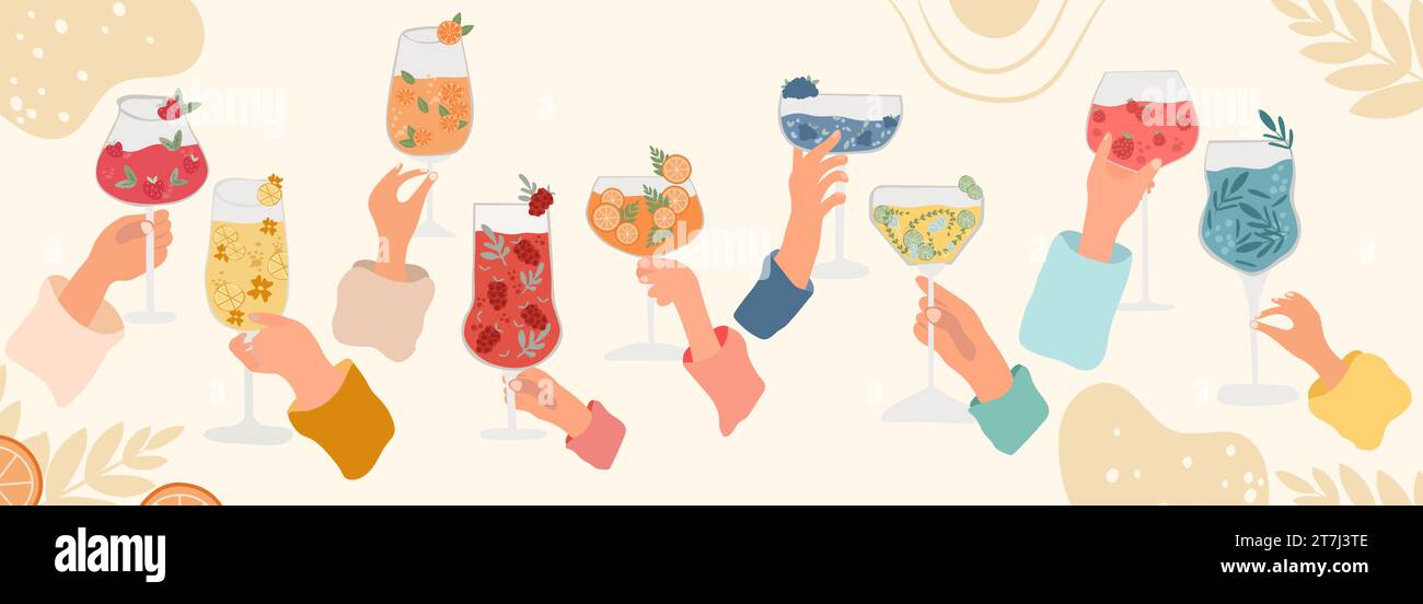 Friends with an array of classic cocktails. Assorted drinks like Mojito ...