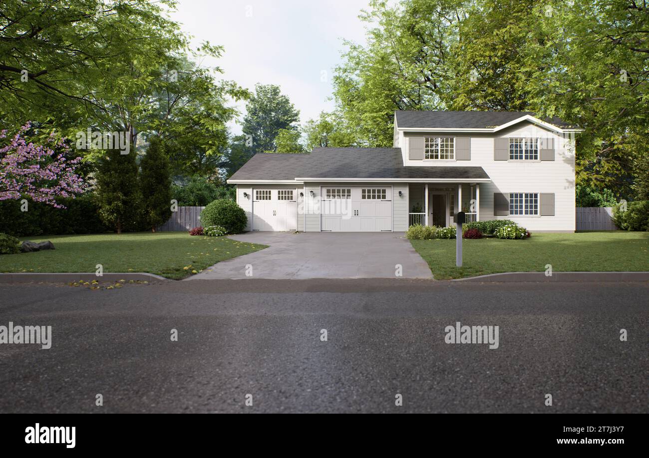 Traditional American home with two garages, a driveway and a large tree ...
