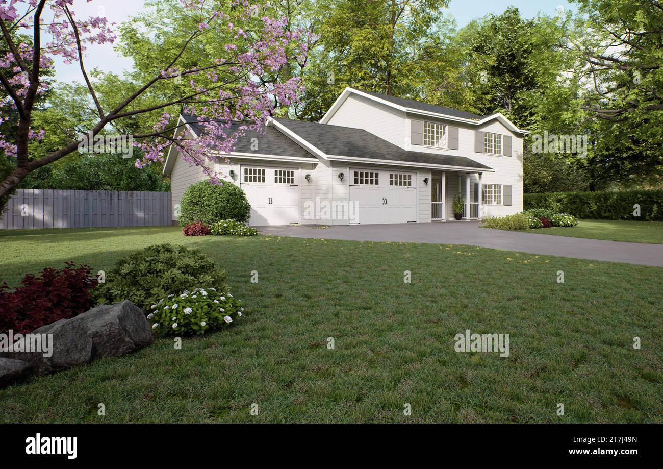 Traditional American home with two garages, a driveway and a large tree ...