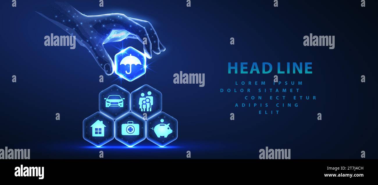 Complex insurance plan. Hexagons with icons made pyramid and hand holding the top element ...