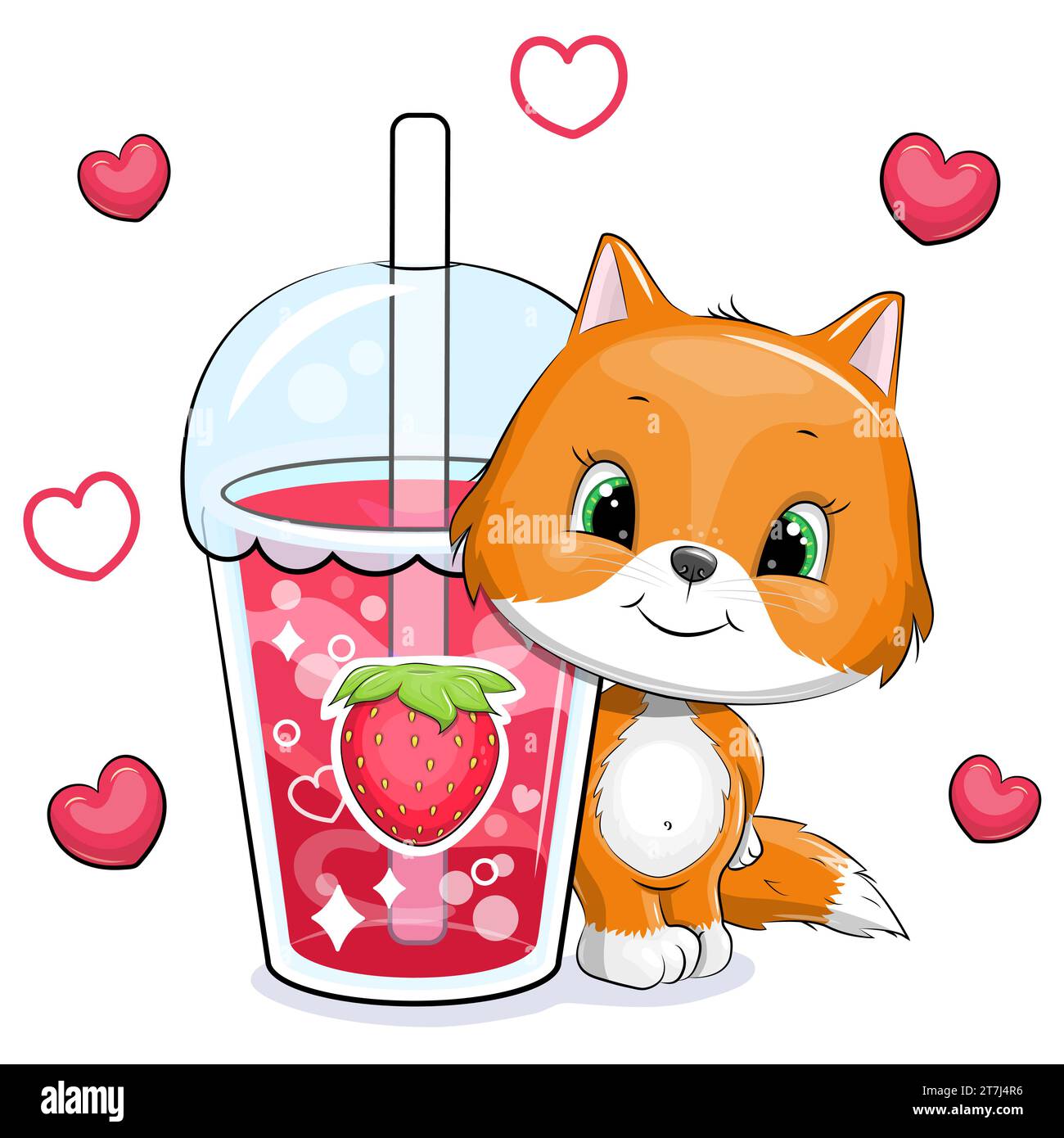 Cute cartoon fox with a big strawberry drink. Vector illustration of an ...