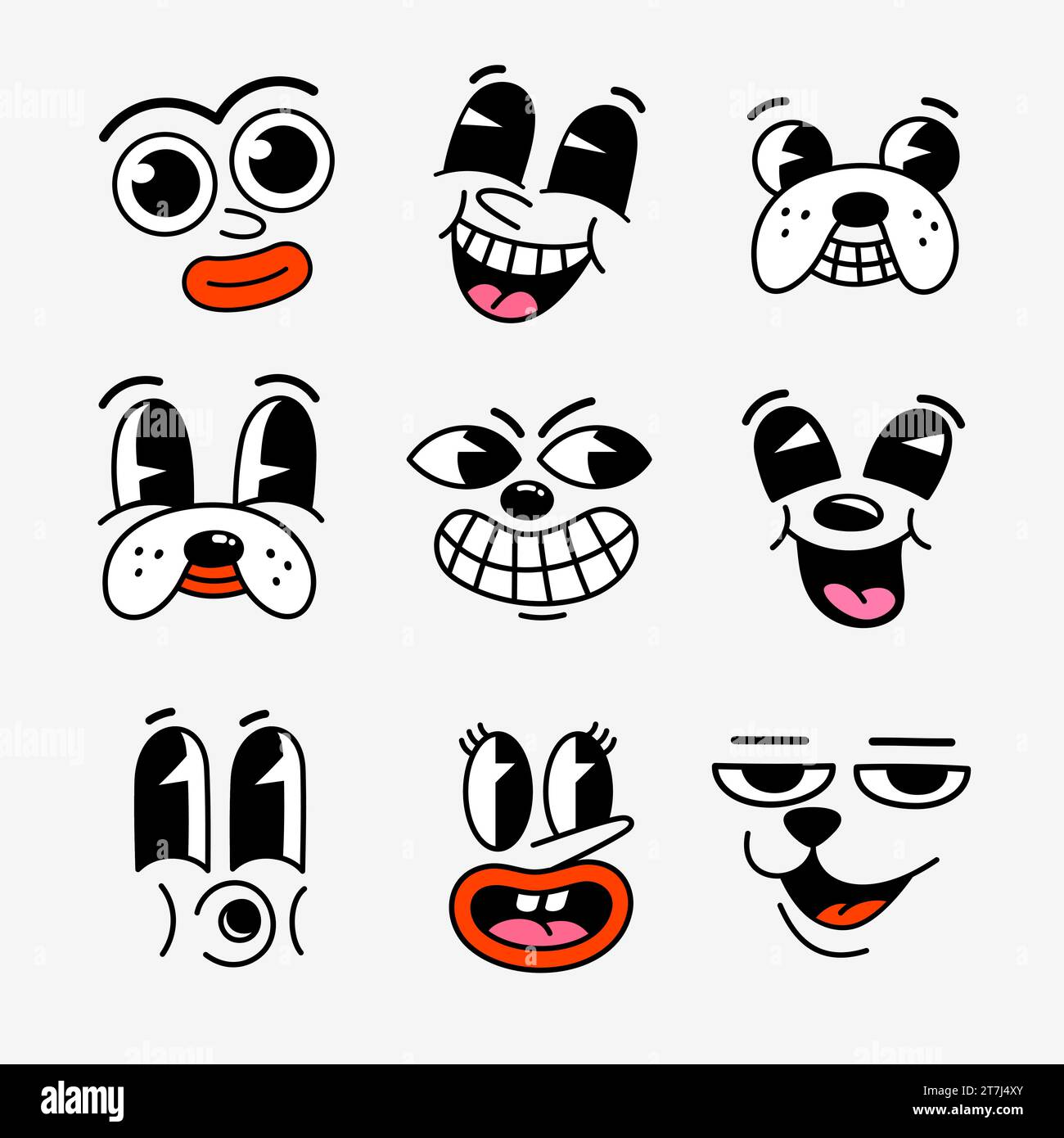 Retro cartoon characters funny faces. Groovy vintage 30s 60s 70s smiley ...