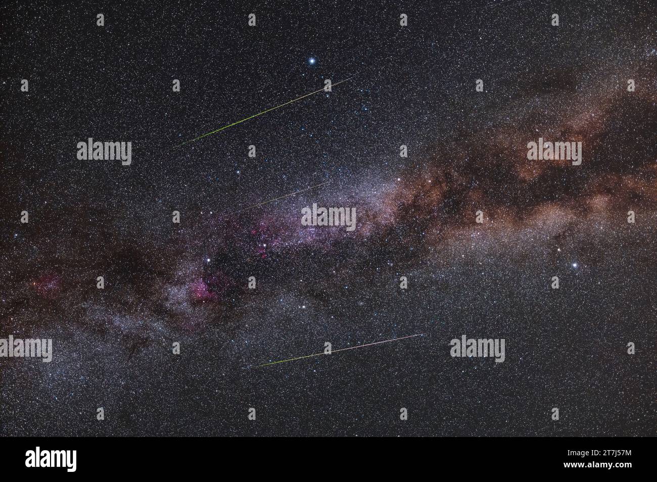 A trio of Perseid meteors streaking from left to right away from the ...