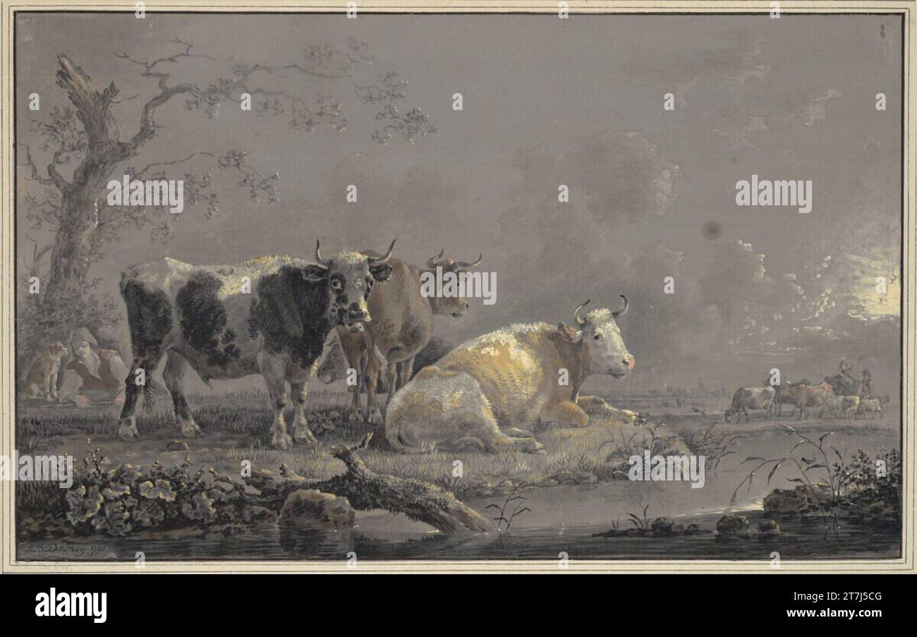 Jean-Baptiste de Roy Group of cattle in the evening pasture. Black ...