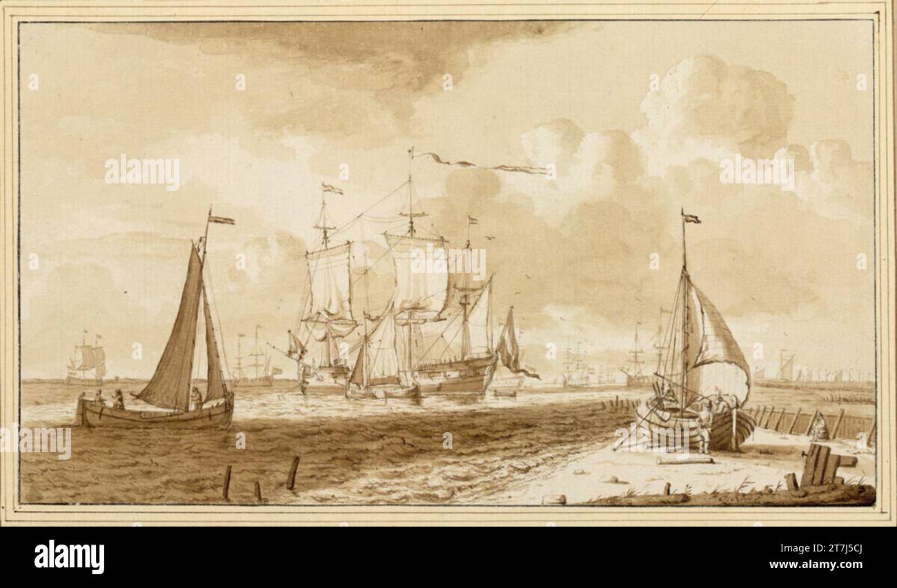 Jan Rood Anchoring Dutch ships, a fishing boat on the front. Brush in ...