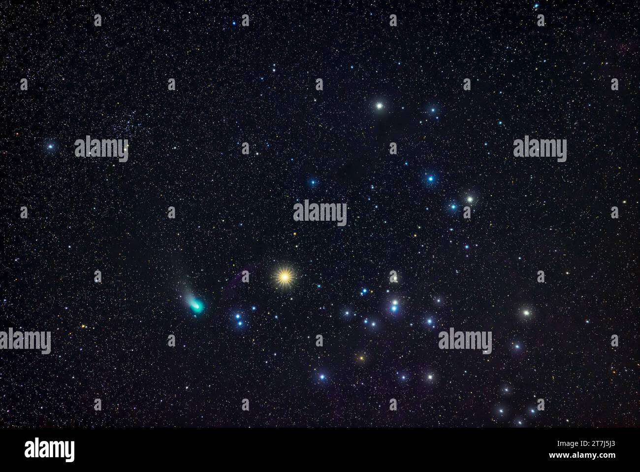 A portrait of green Comet C/2022 E3 (ZTF) in Taurus beside Aldebaran and the Hyades on February ...