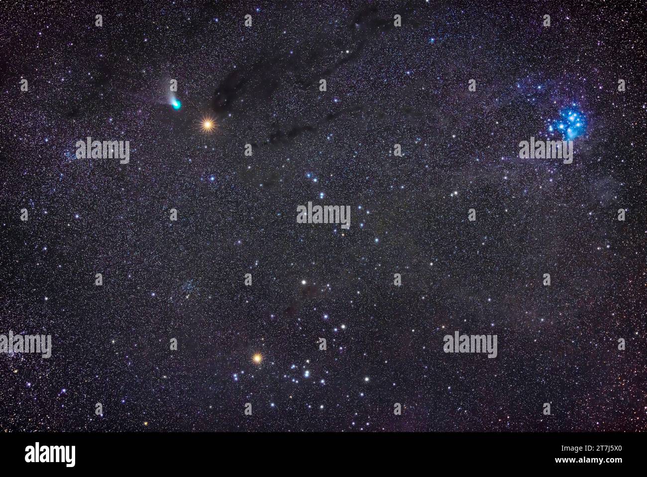 Comet C/2022 E3 (ZTF) in the constellation of Taurus on the night of Feb 10, 2023. The comet is ...