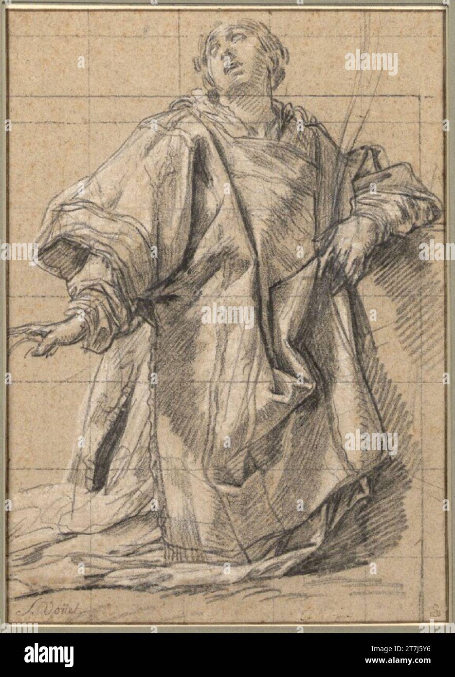 Simon Vouet Kneeling deacon with martyr palm. Black chalk, coal ...