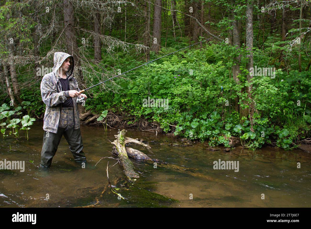 a fisherman with a spinning rod in his hands stands in shallow water on ...