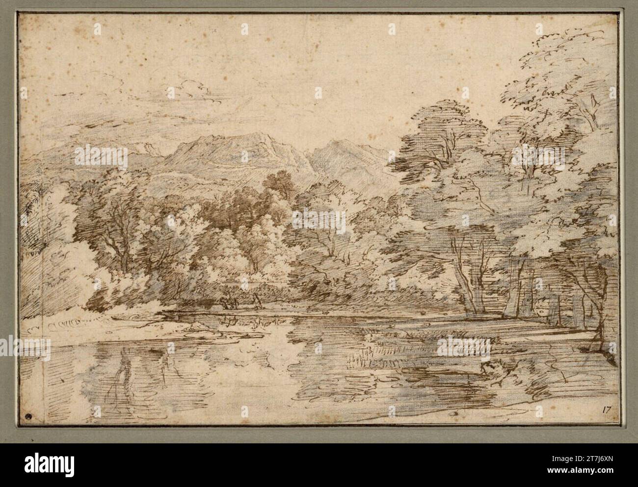 Herman van Swanevelt Forest landscape with pond. Chalk, feather, bister ...