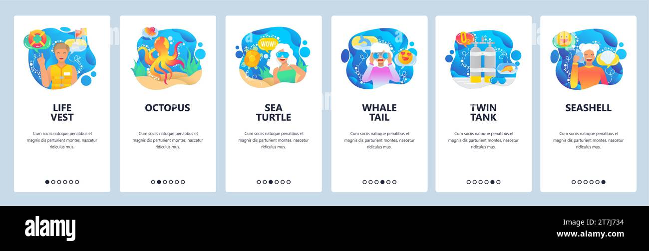 Mobile app onboarding screens. Underwater world, sea life animals ...