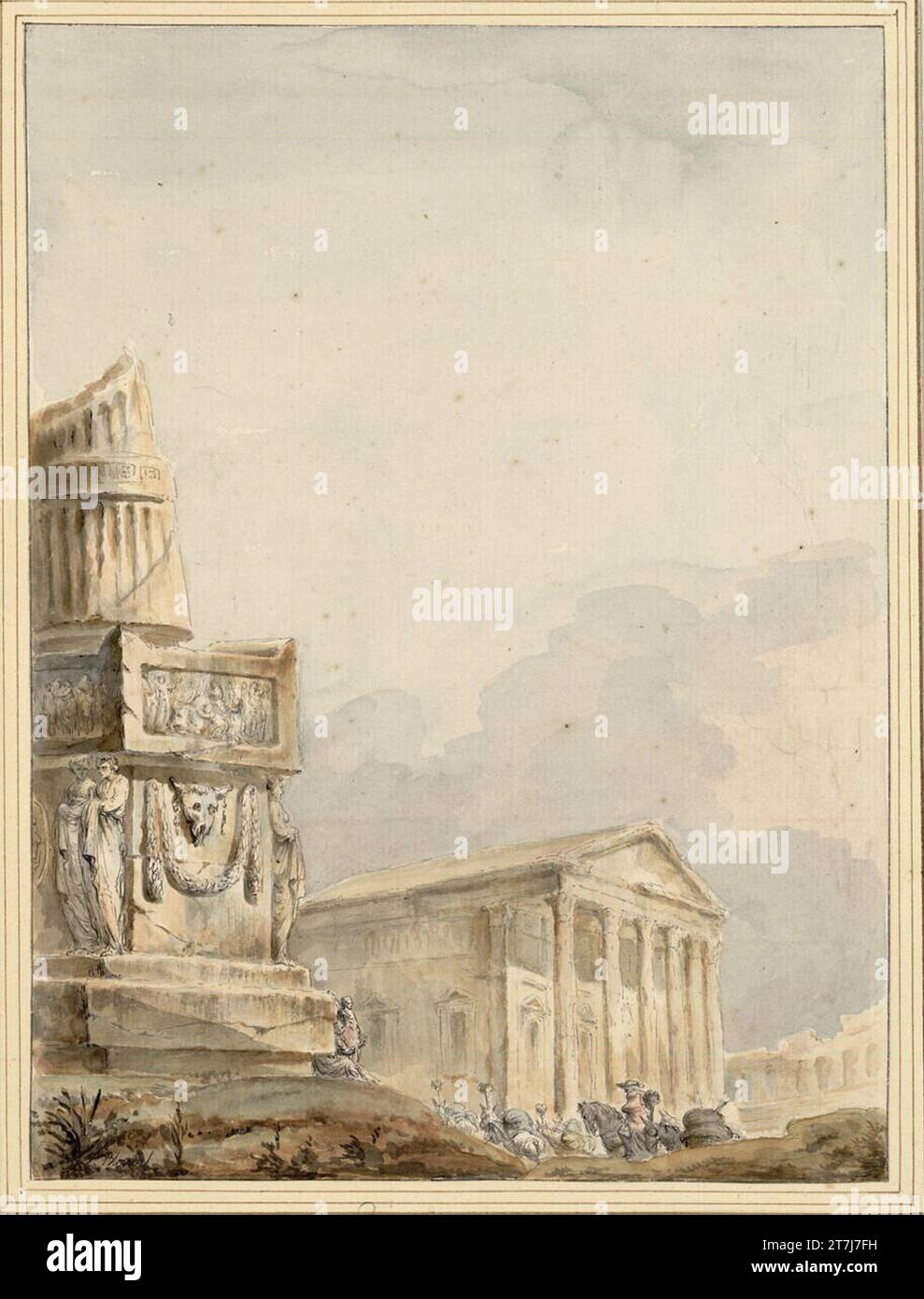 Georges-François Blondel Temple and tomb ruins. Feder in black, brush ...