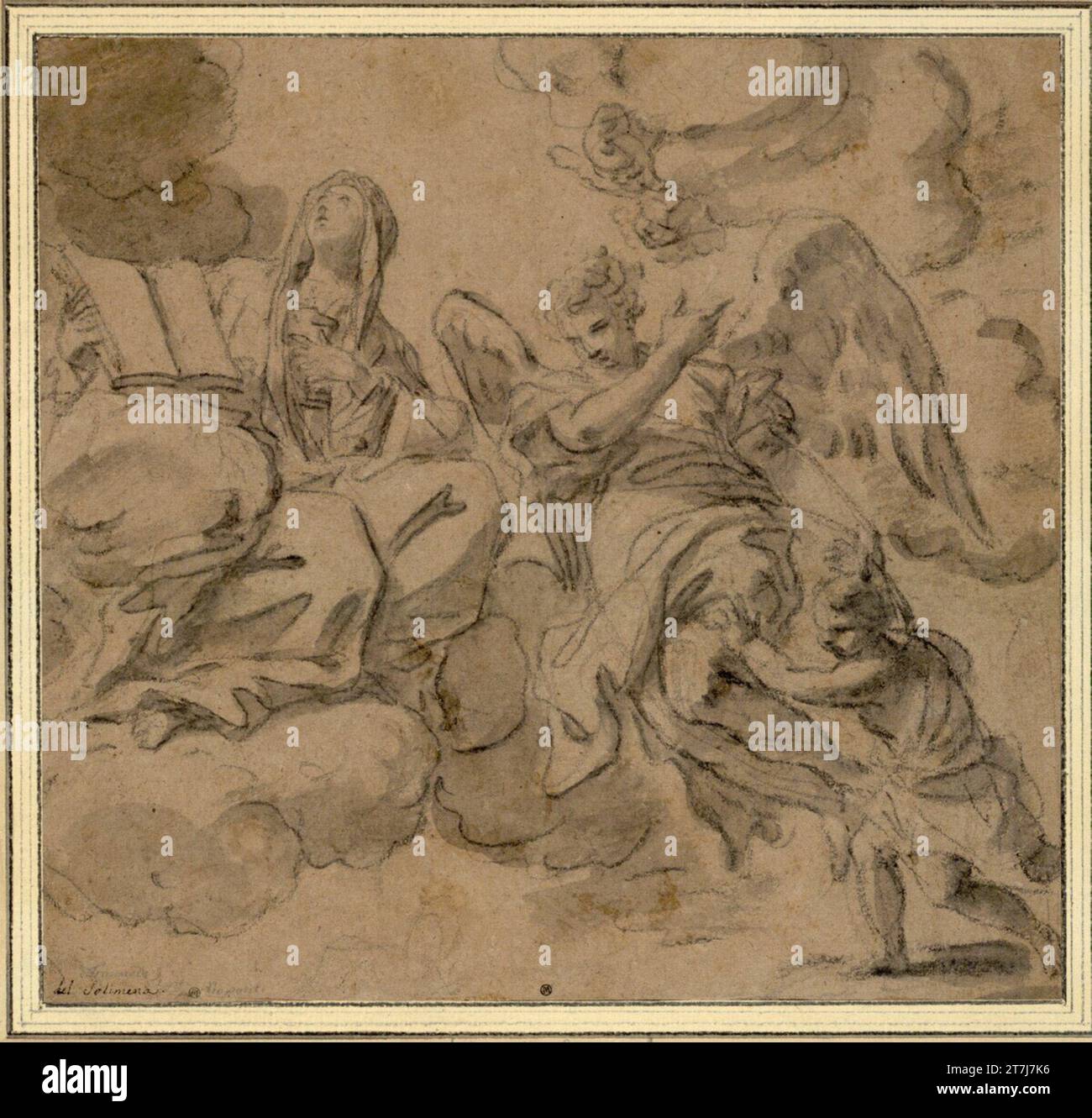 Anonym On the left a saint with a book opened, floating on clouds; A ...