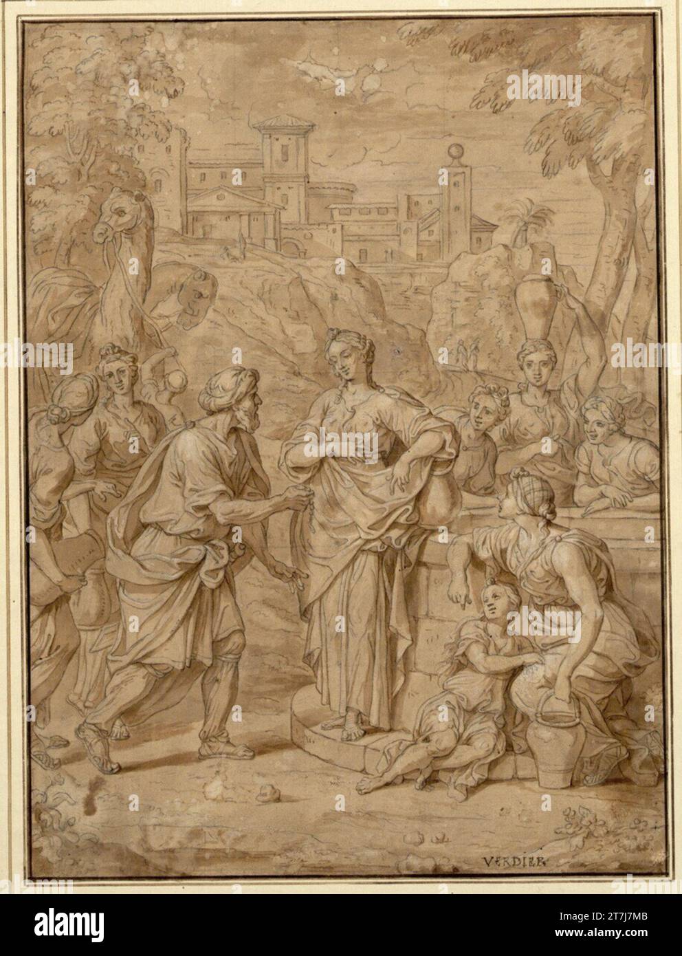 Simon Guillebault Elieser and Rebecca on the fountain. Feder in brown ...