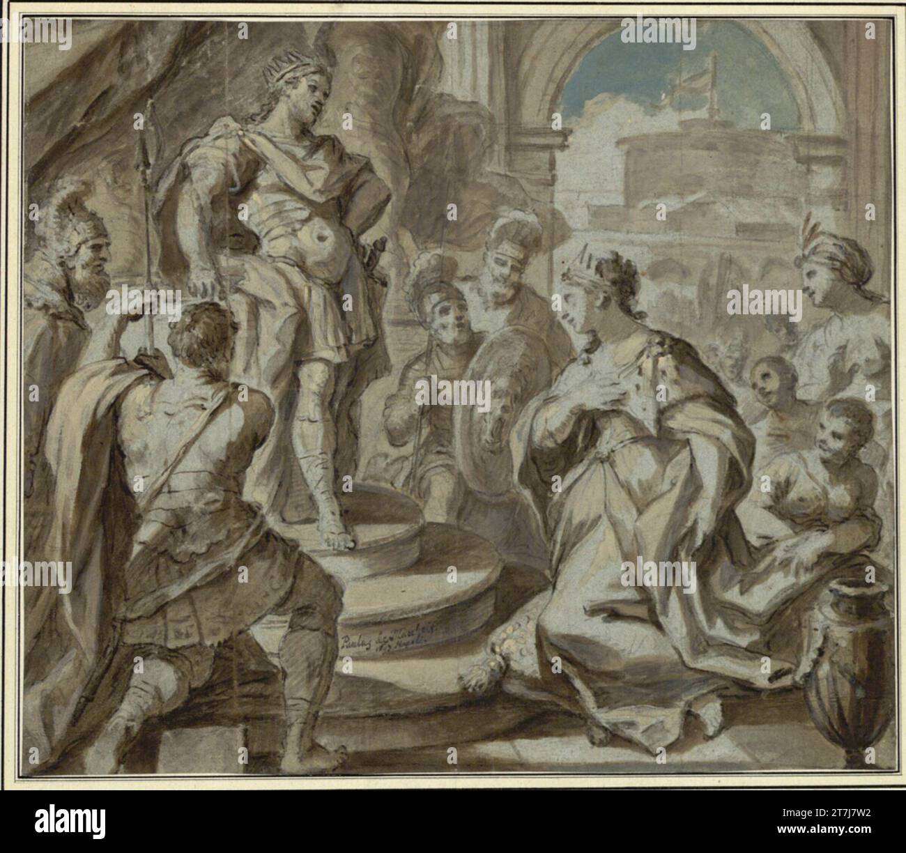 Paolo de Matteis The Queen of Saba before Salomon. Feather; brown and ...