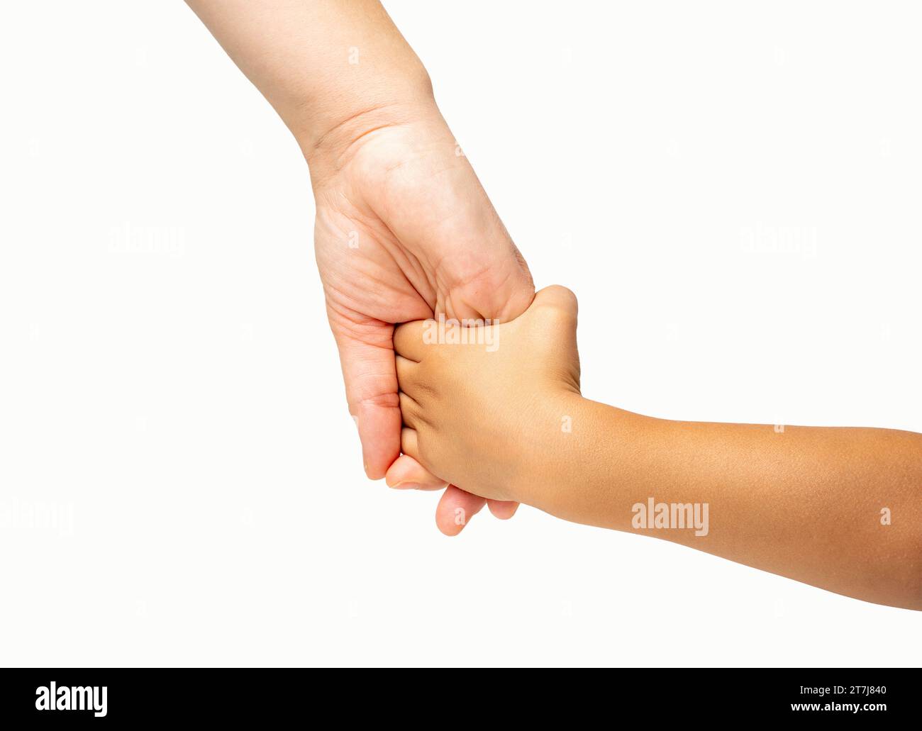 Close up a mother giving a hand to her child isolated on white ...