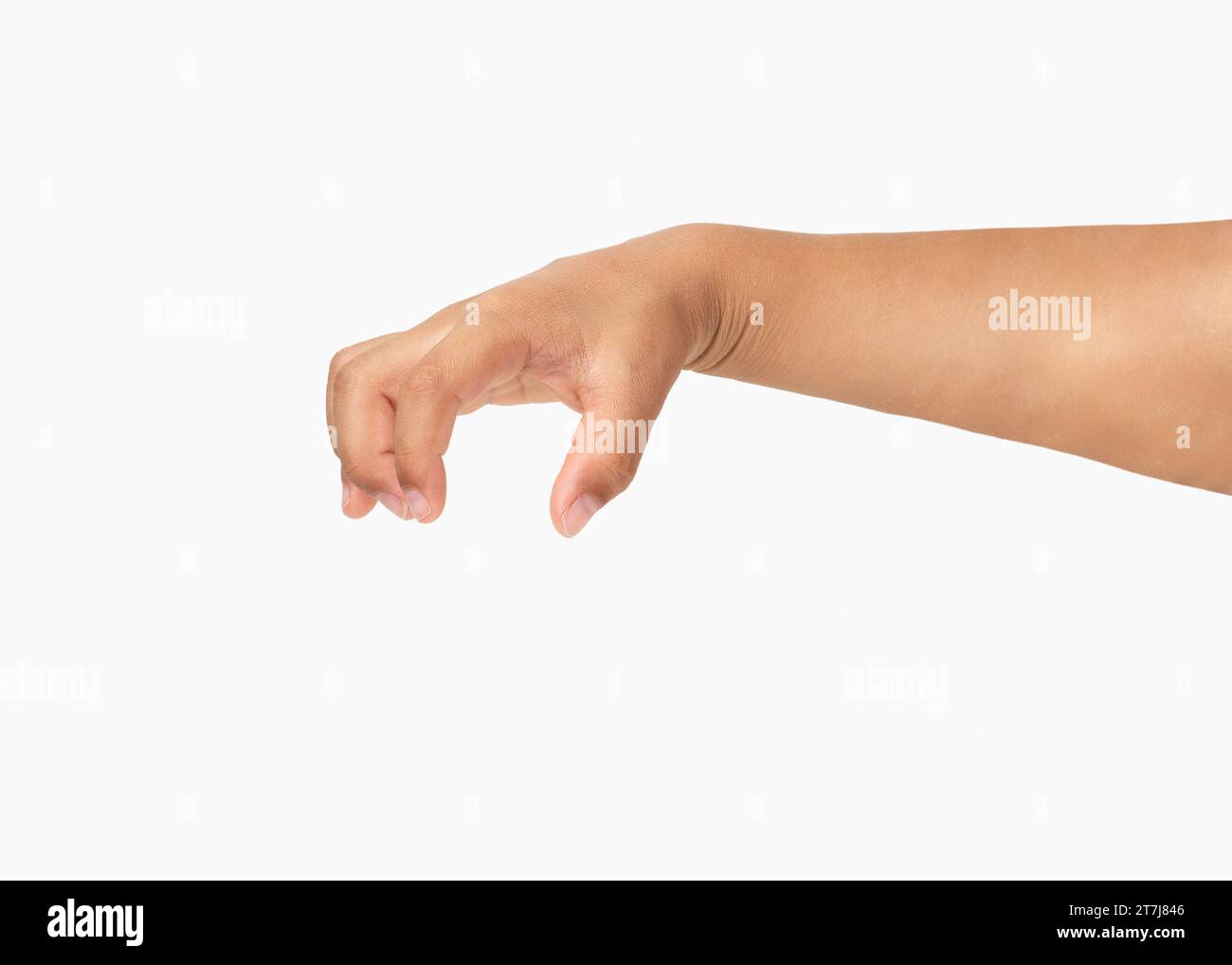 Closeup of a child's hand with catching down gesture against a white ...