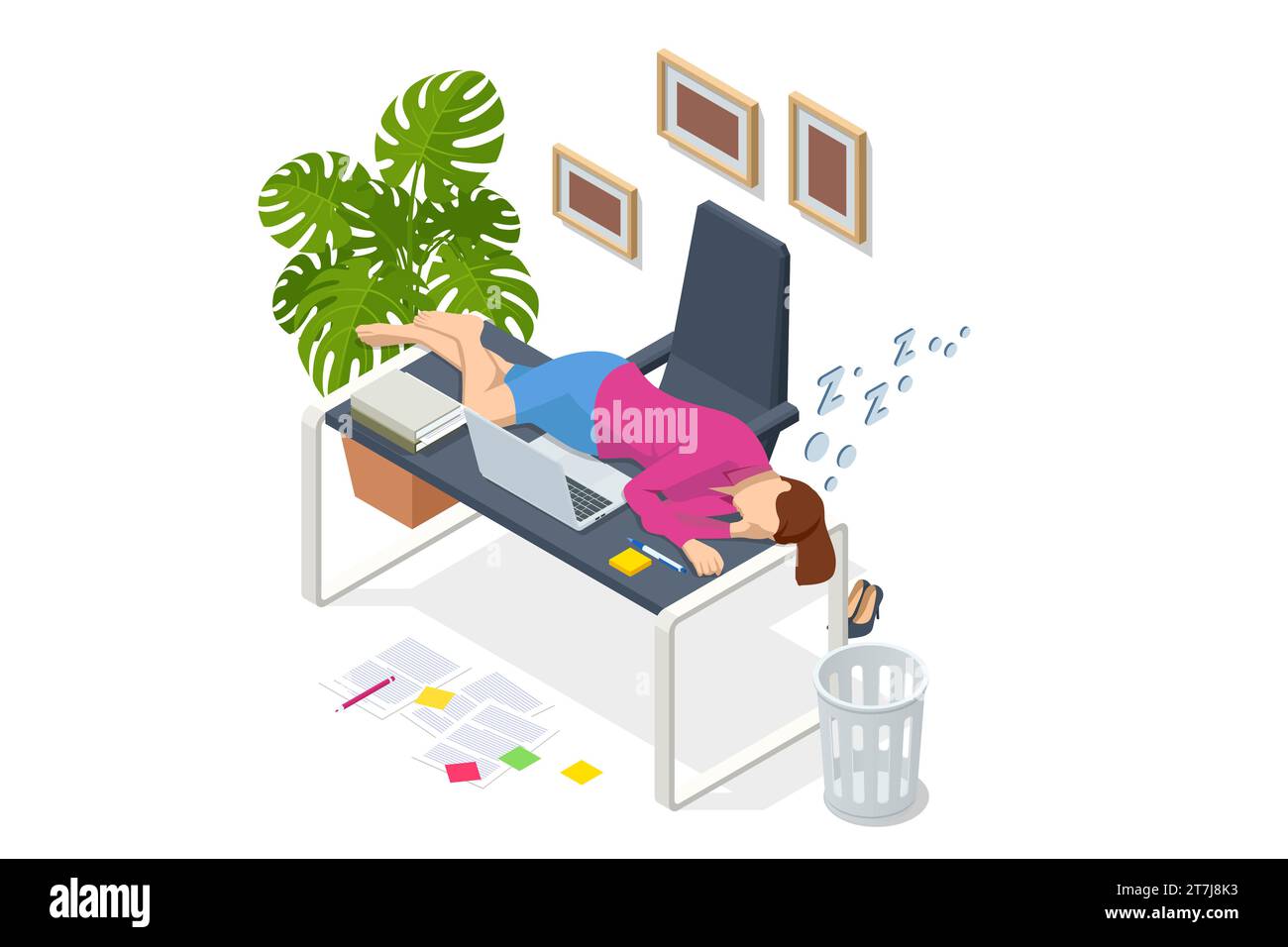 Isometric tired overworked employee sleeping in the office. Tiredness ...