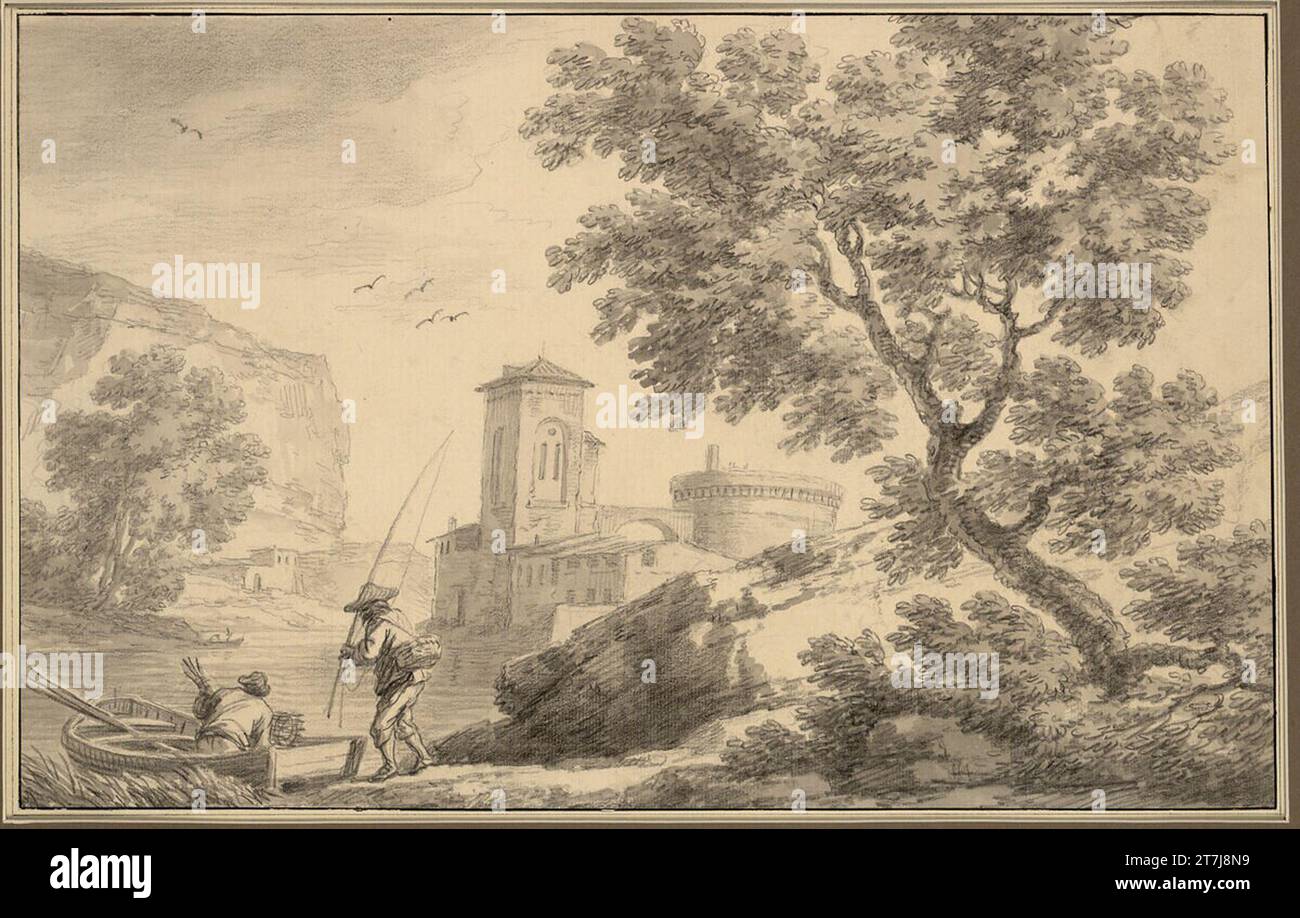 Claude-Joseph Vernet Landscape with a castle and two fishermen. Black ...