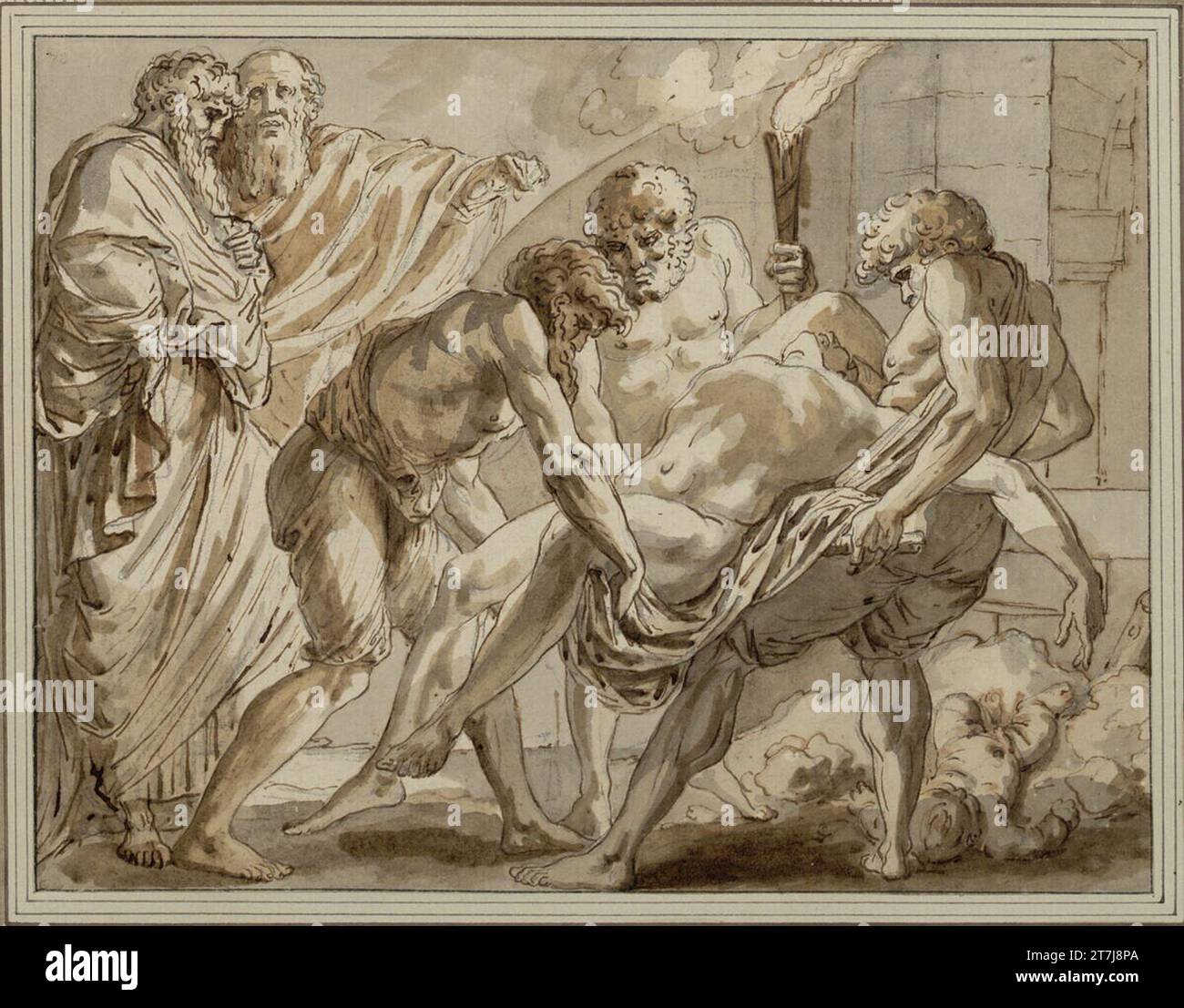 Louis Félix de La Rue Tobias lets the dead bury. Black chalk, feather ...