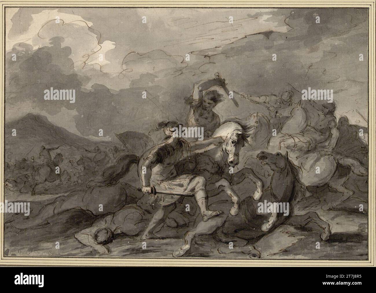 Philibert Benoît Delarue Fight of the Roman cavalry. Pen bister, ink ...
