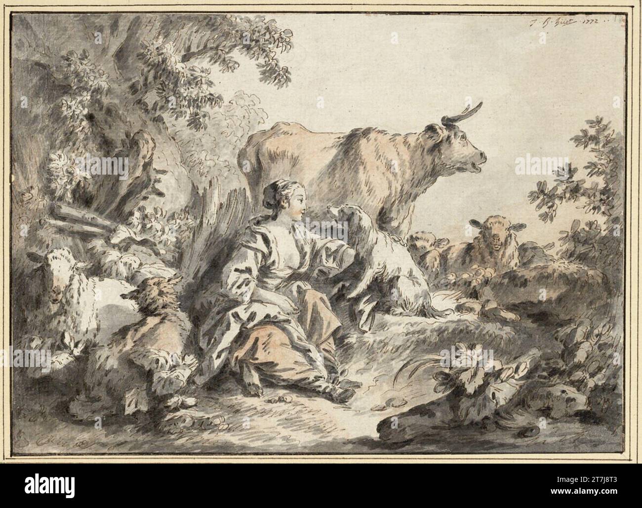Jean-Baptiste Marie Huet Shepherdess with dog and herd. Feder, ink ...