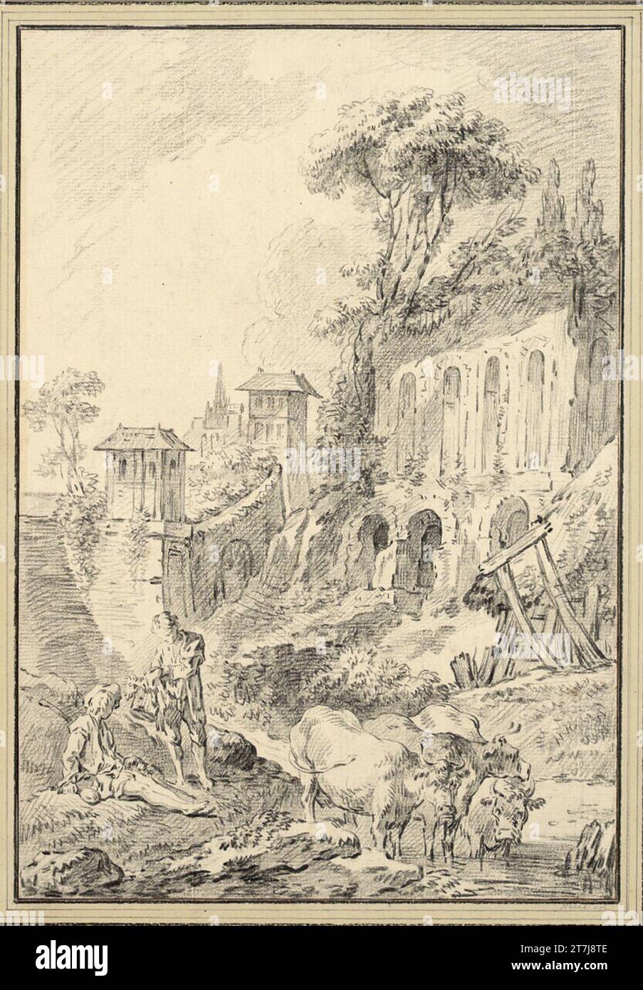 Jean-Baptiste Marie Huet Landscape with buildings and cattle drinks ...