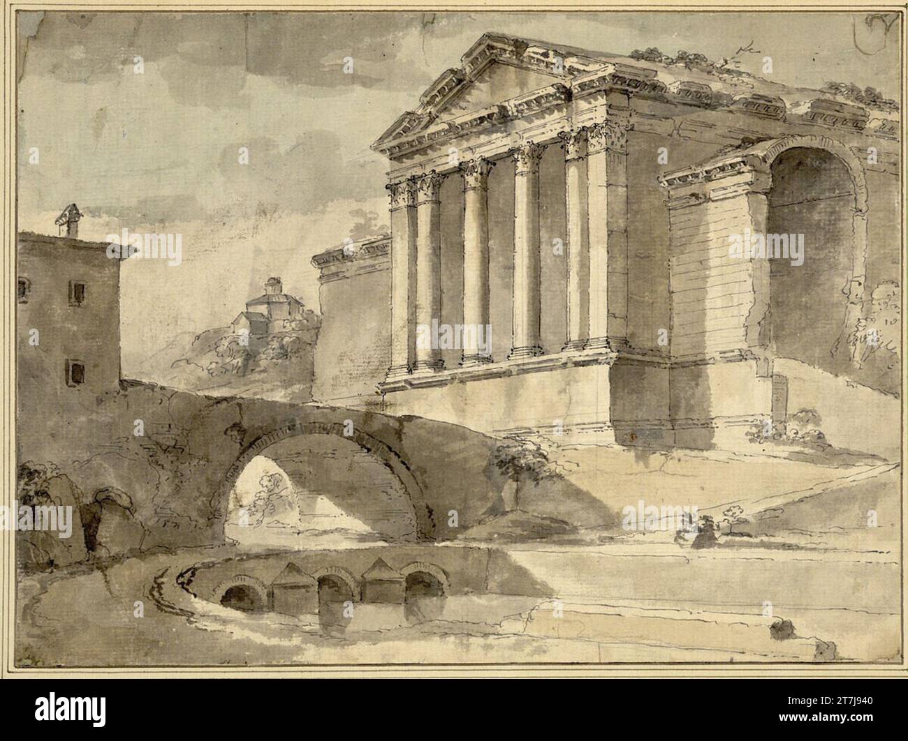 Charles-Louis Clérisseau Temple with Corinthian columns on a stone ...