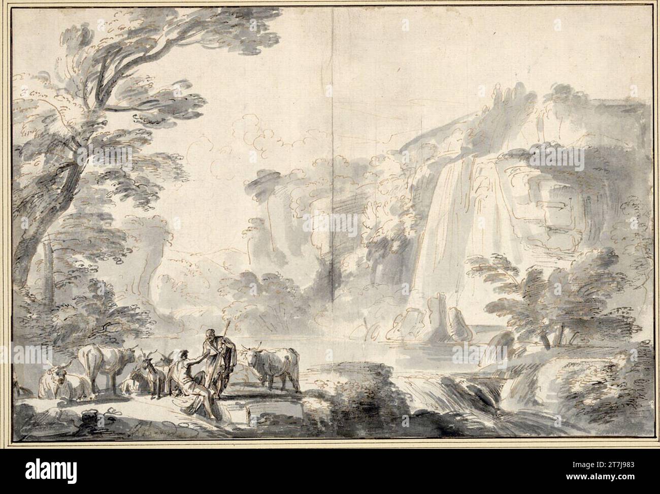 Jean-Baptiste Lallemand Landscape with waterfall and herd. Feder in ...