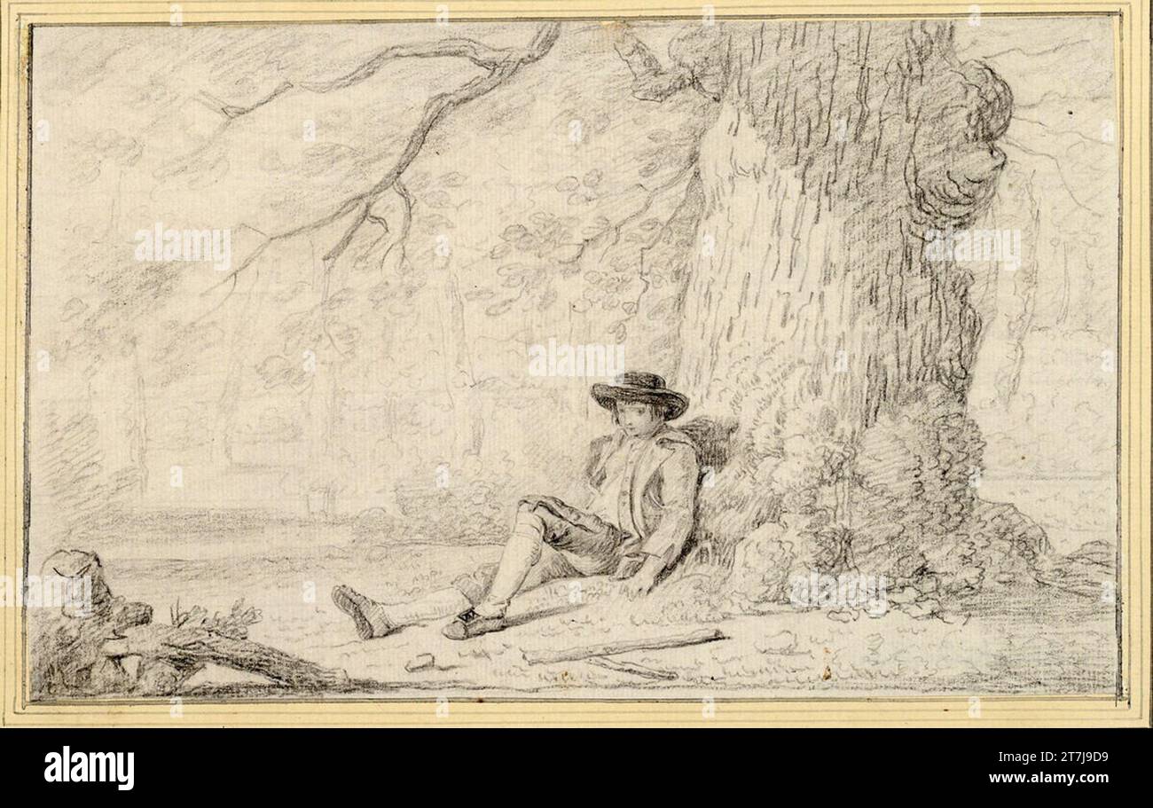 Jacques Blanchard Under a tree resting hiker. Black stone chalk Stock ...