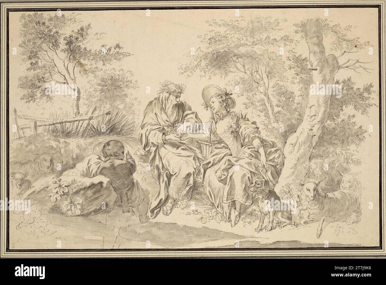 la Fargue A fortune teller, read a girl from hand. Feder in gray, brown ...