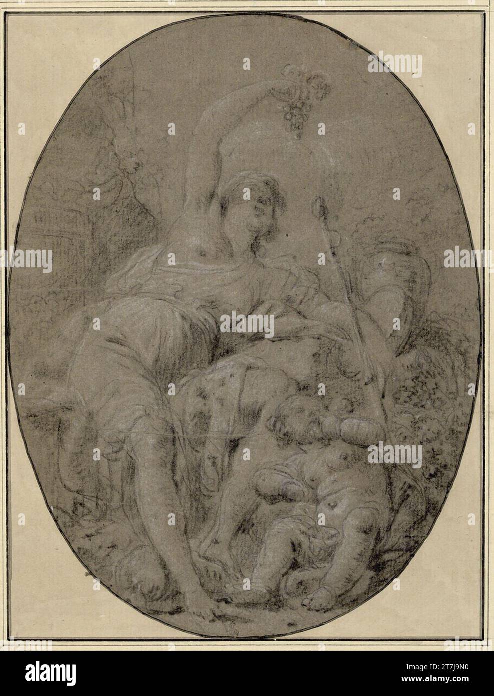 François Pascal Gérard Bacchantin with grape and putto. Black and white ...