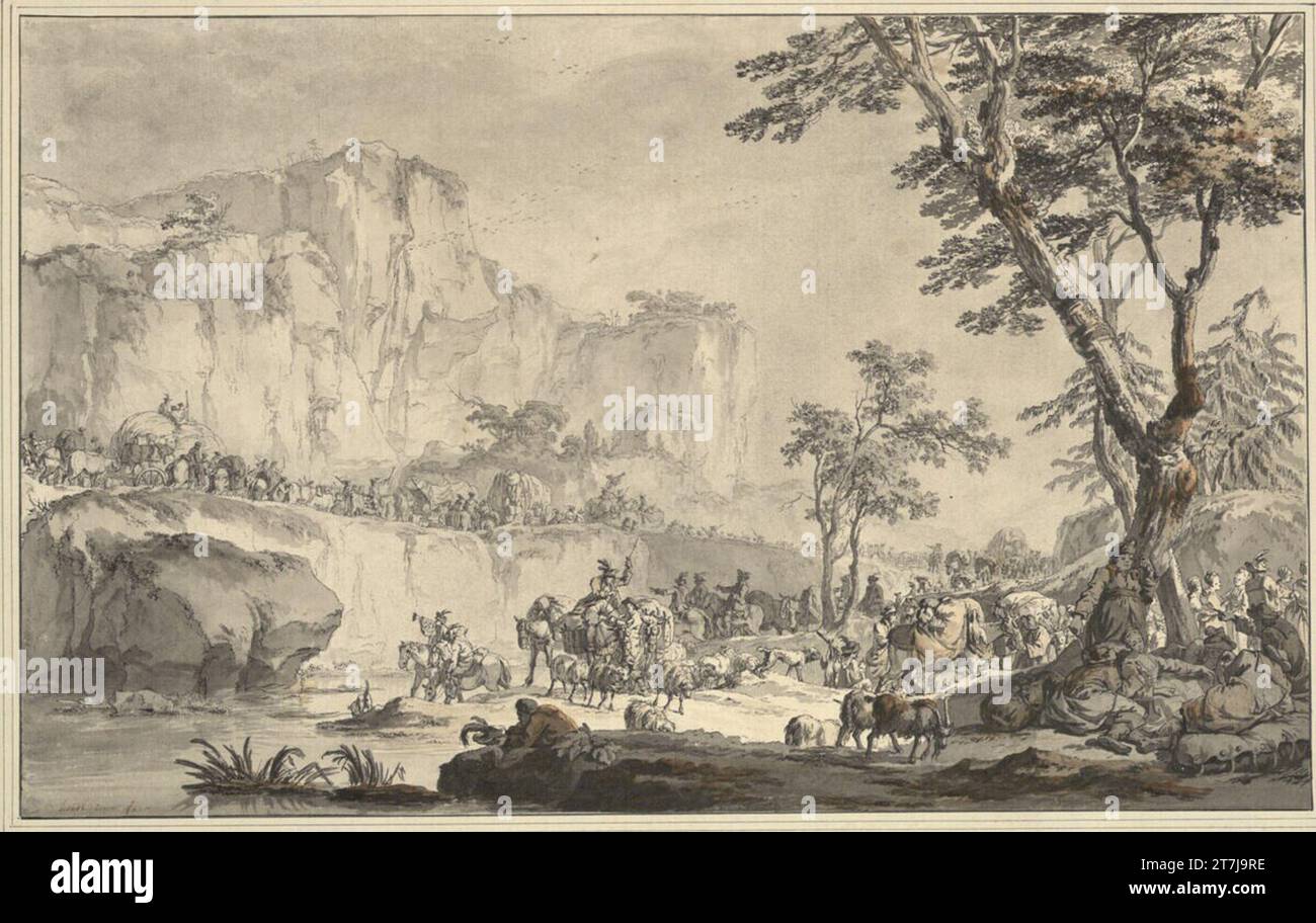 Jean Pierre Louis Laurent Houel Caravan in rocky area. Feder, ink ...