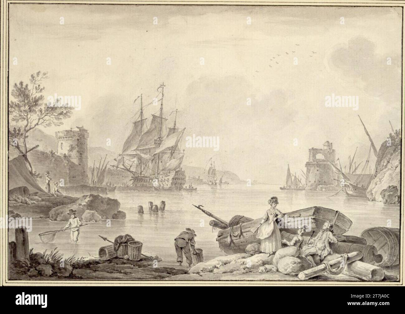 Pierre Ozanne Landscape with anchorage. Feder, brush in black, laved ...