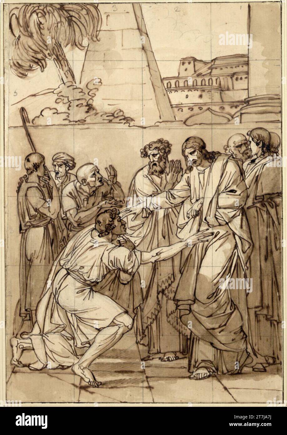 François André Vincent Jesus heals a blind. Feder, black ink, brown ...
