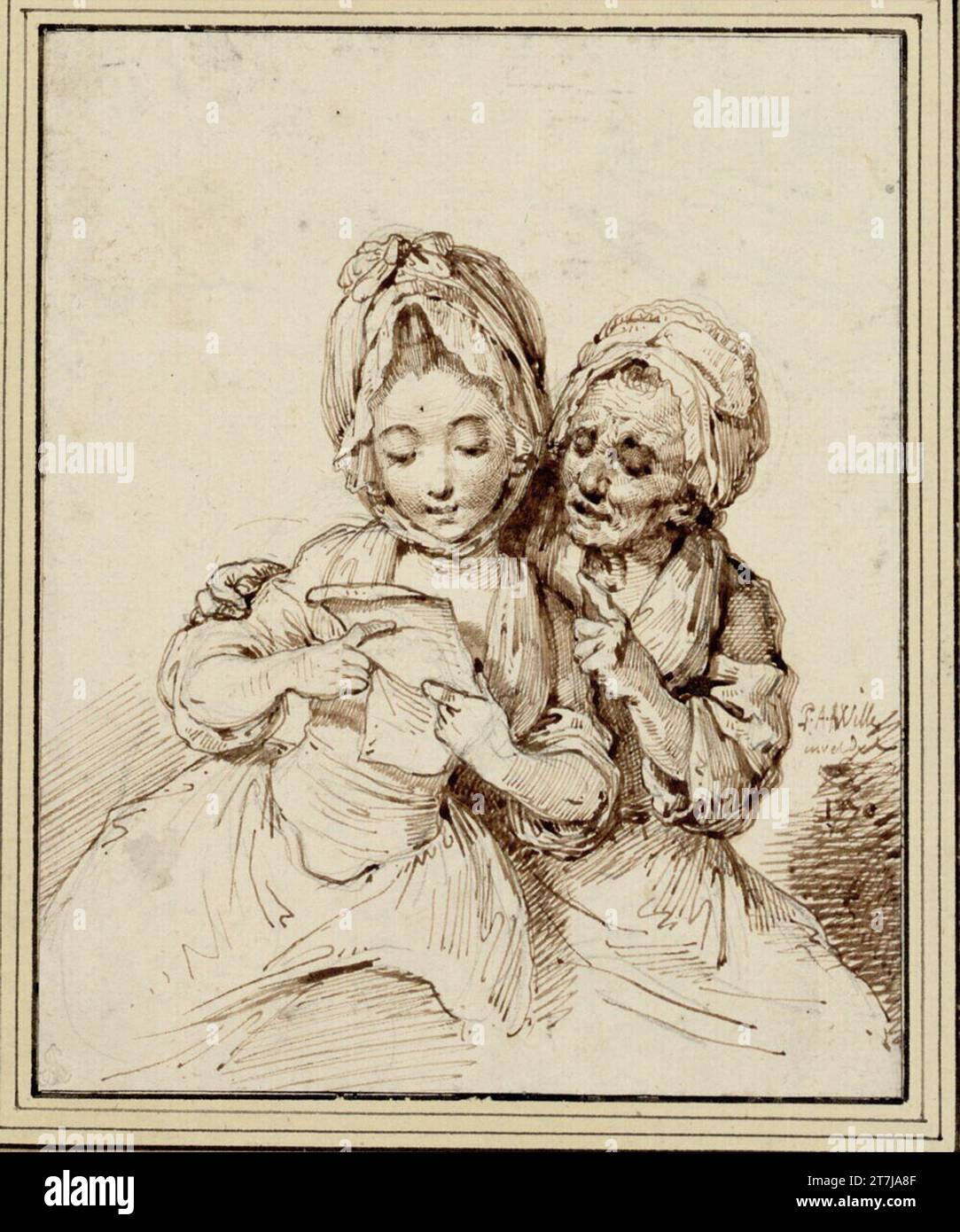 Pierre Alexandre Wille Young girl reading a letter together with an old ...