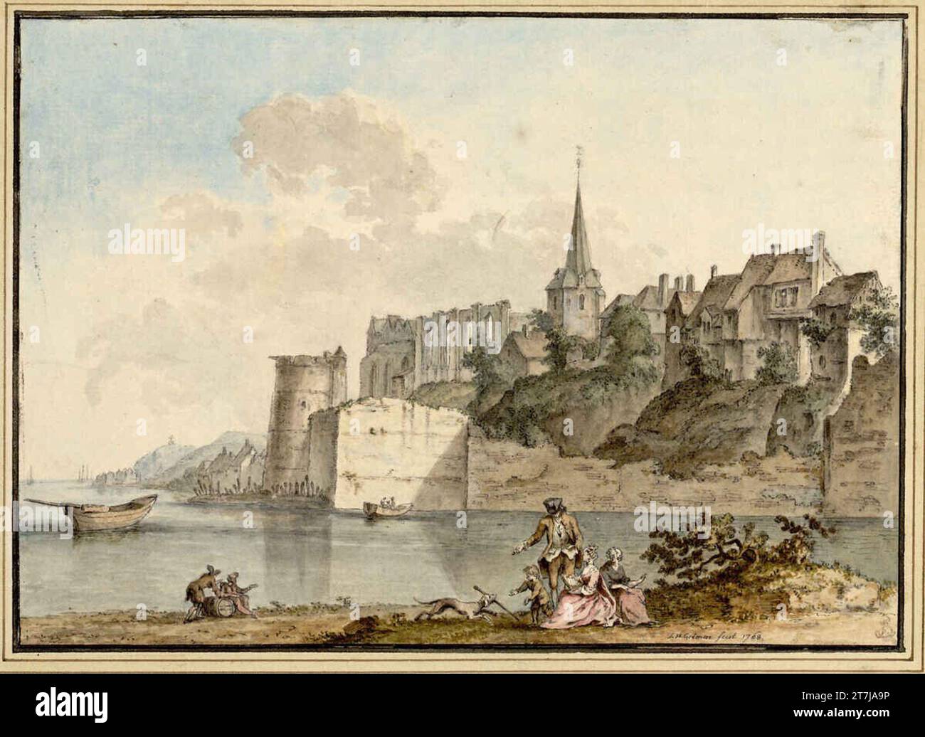 Samuel Hieronymus Grimm Village with church and fastening ruins on a ...