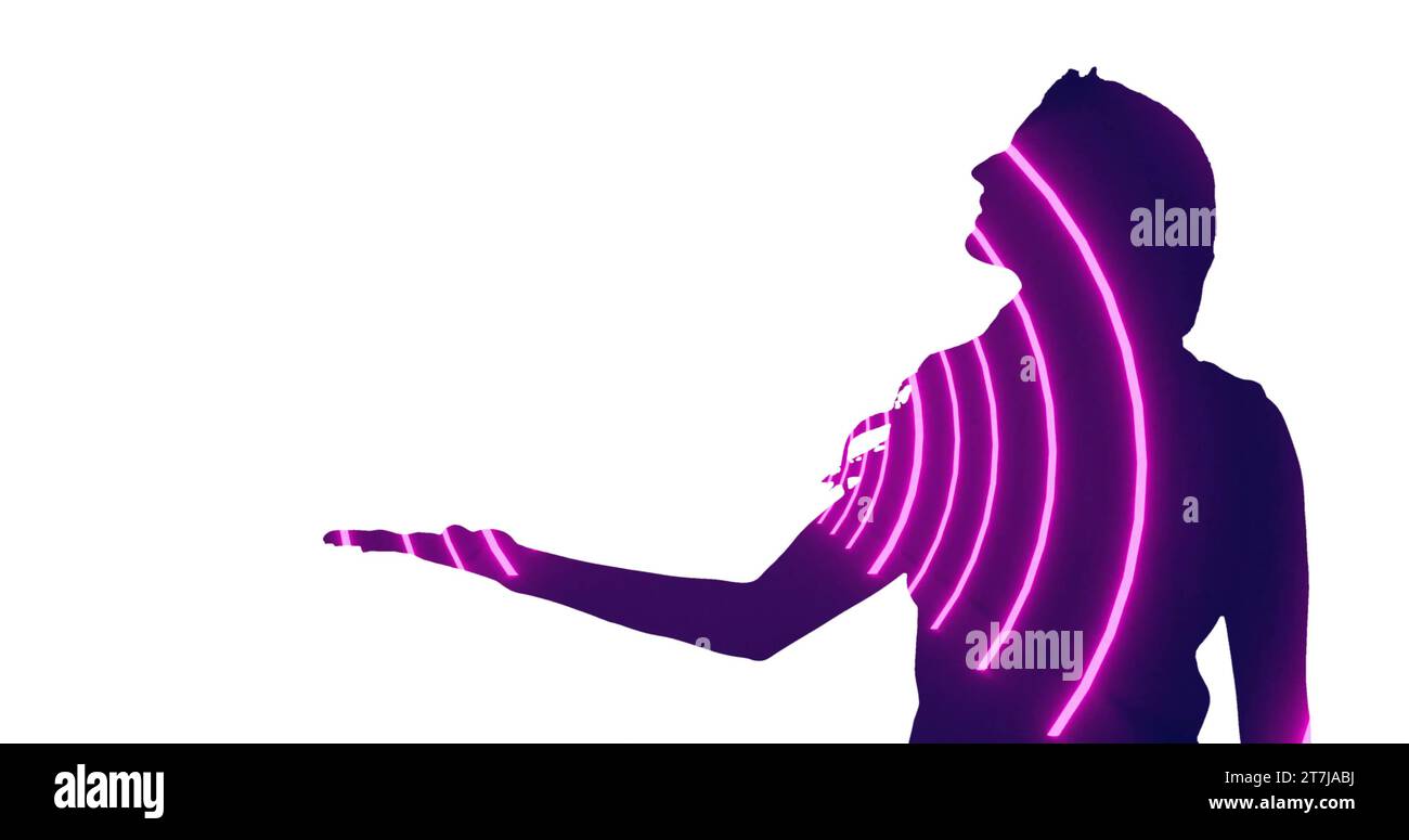 Image of circles in shadow of woman raising hand and head over white ...