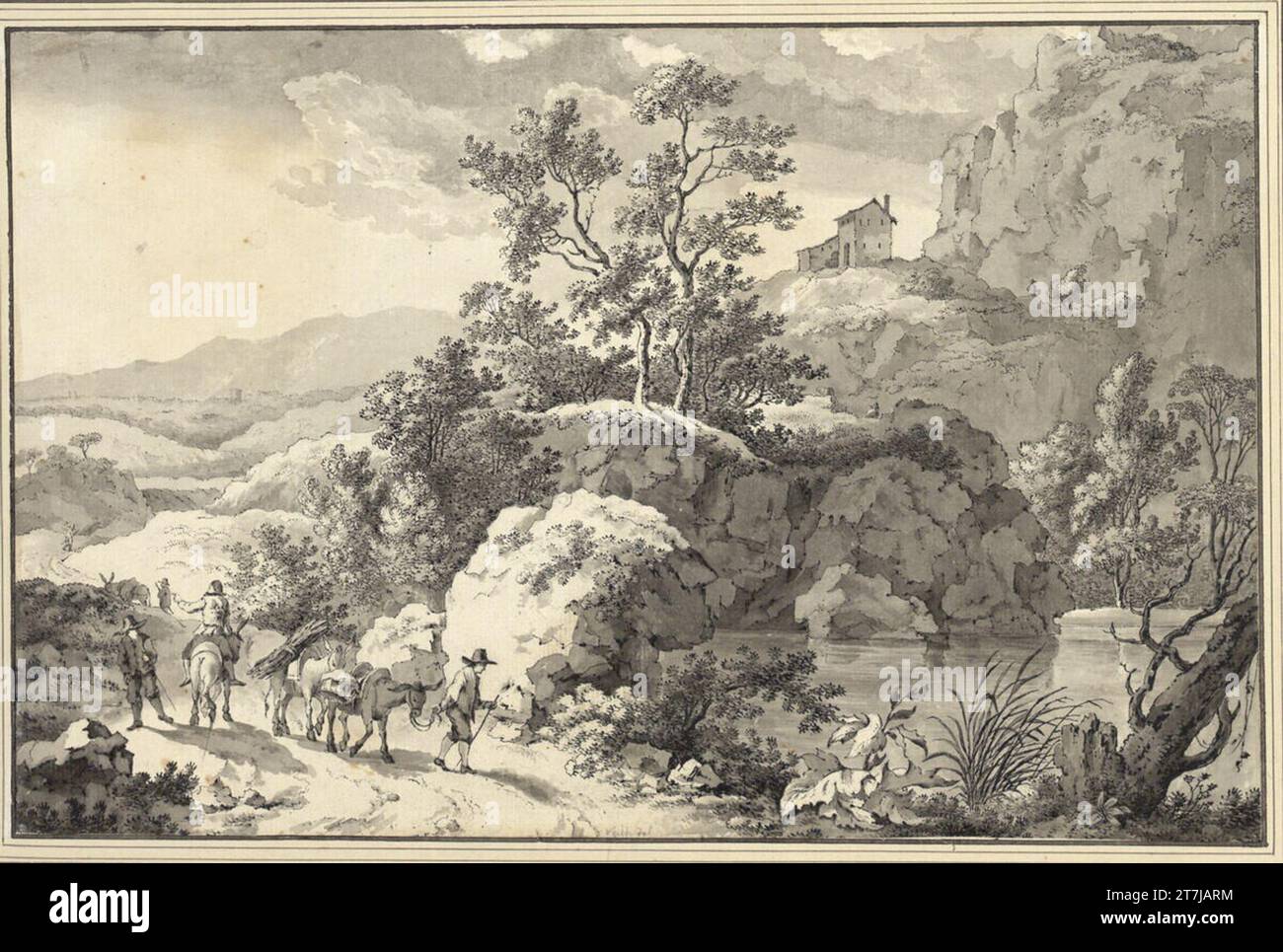 Johann Philipp Veith Rocked landscape with rural figure staff. Feder in ...