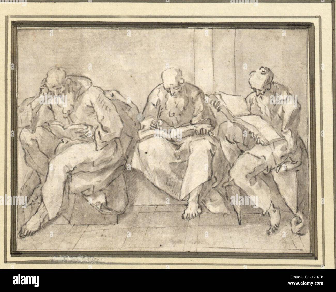 Anonym Three prophets sitting on a bench with books in the lap. Feather ...