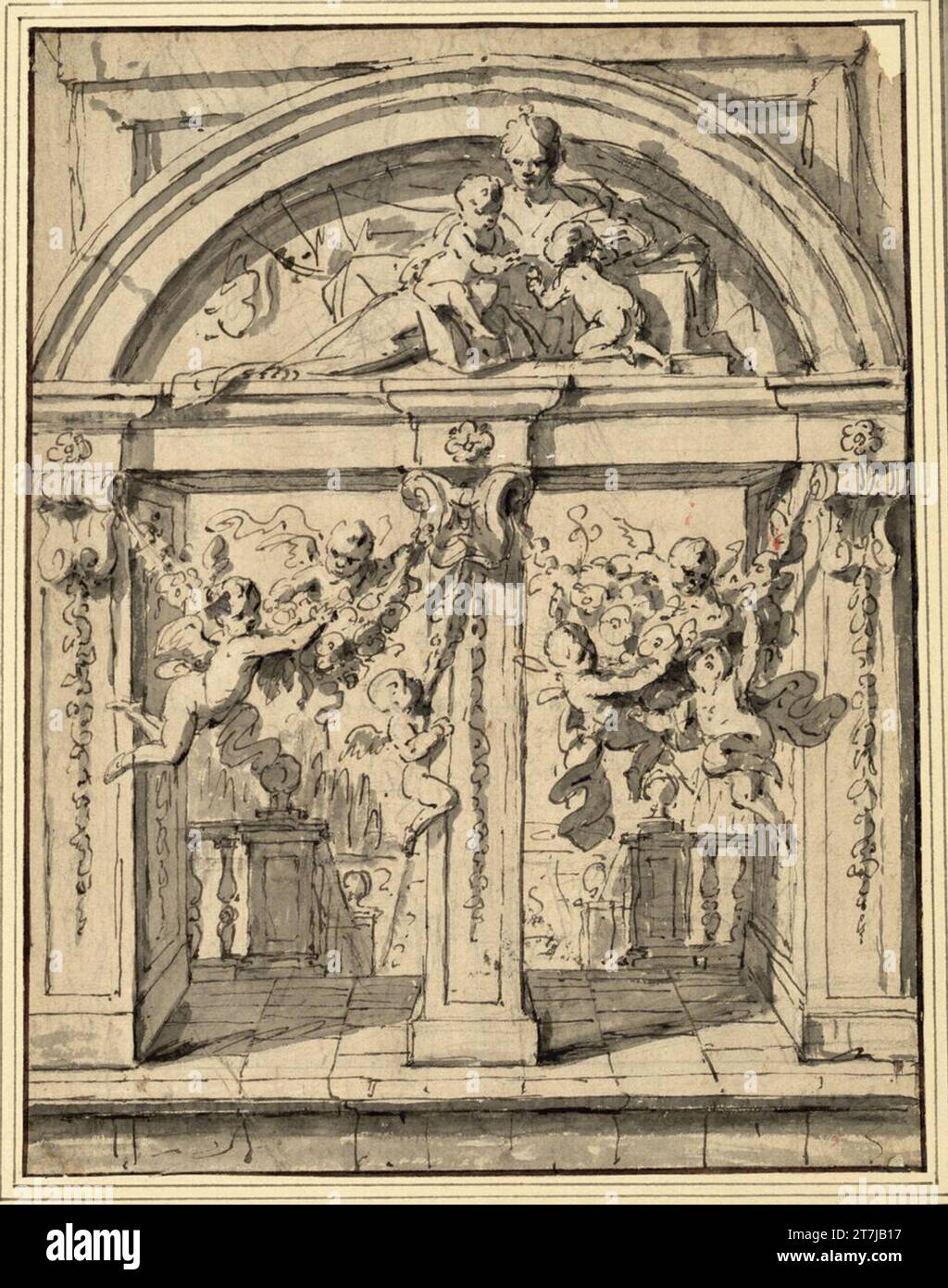 Anonym Double gate of a peristyl with putti and garlands. Feder in gray ...