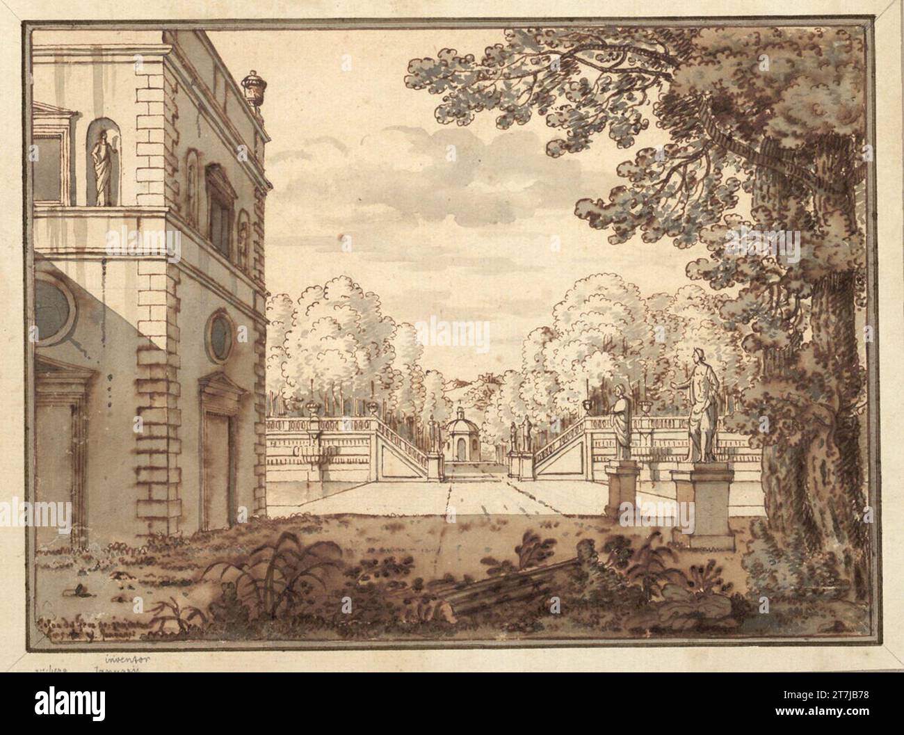 Josua de Grave Castle park with statues. Feder in brown, brown and gray ...