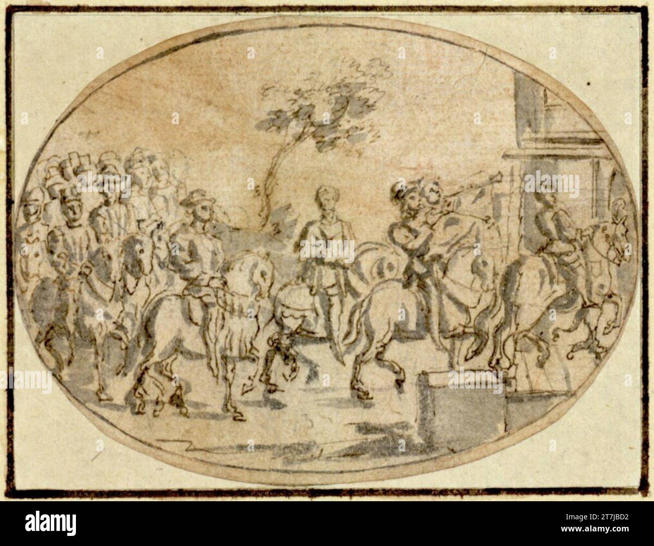 François Chauveau Knight train with trombone blowers. Feder in brown ...