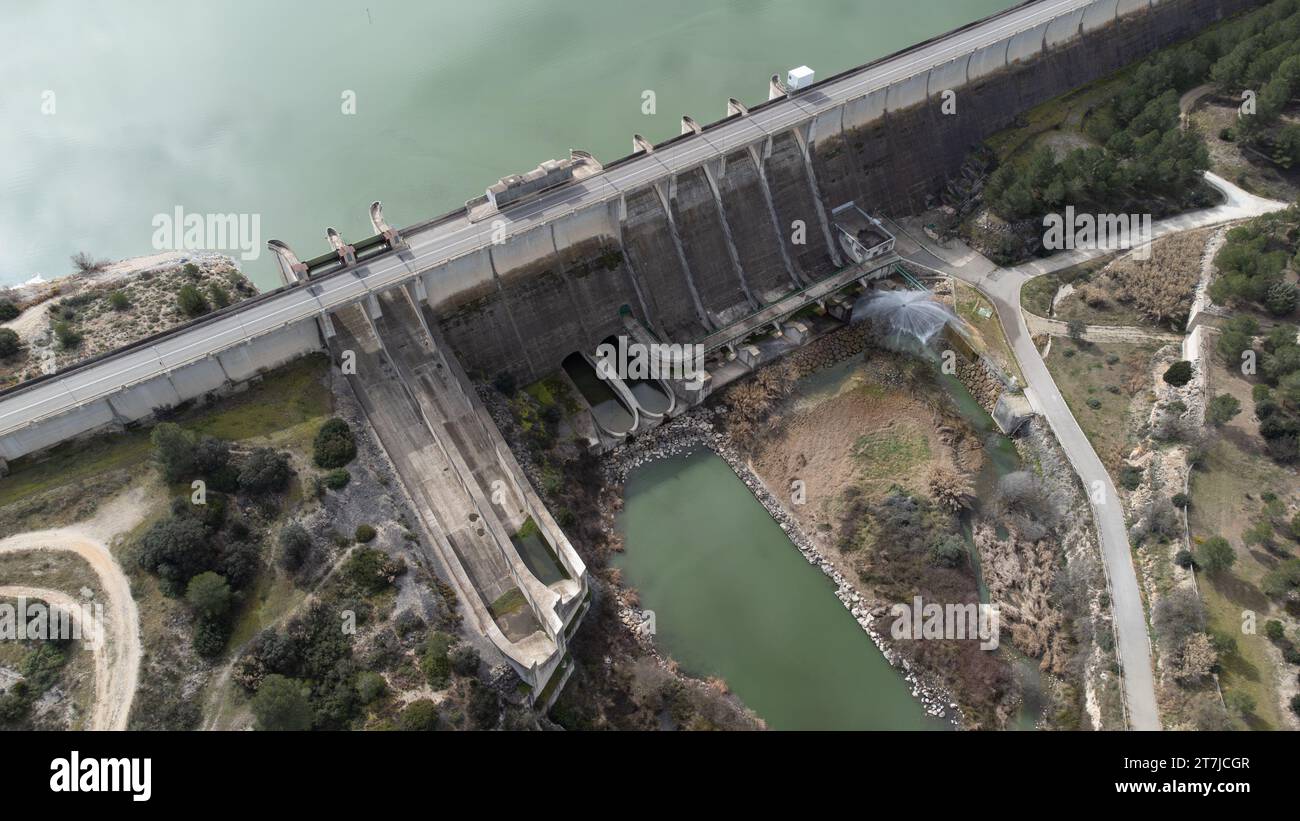 Drone view of the gravity dam for irrigation and water containment in ...
