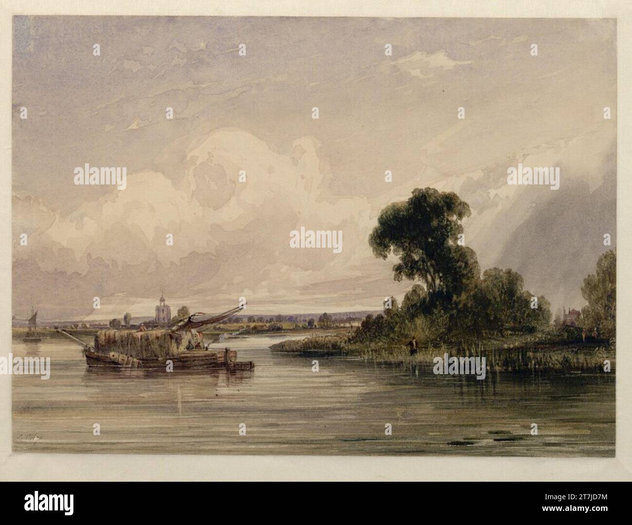 John William Edge River landscape with hay. Watercolor, deck white ...