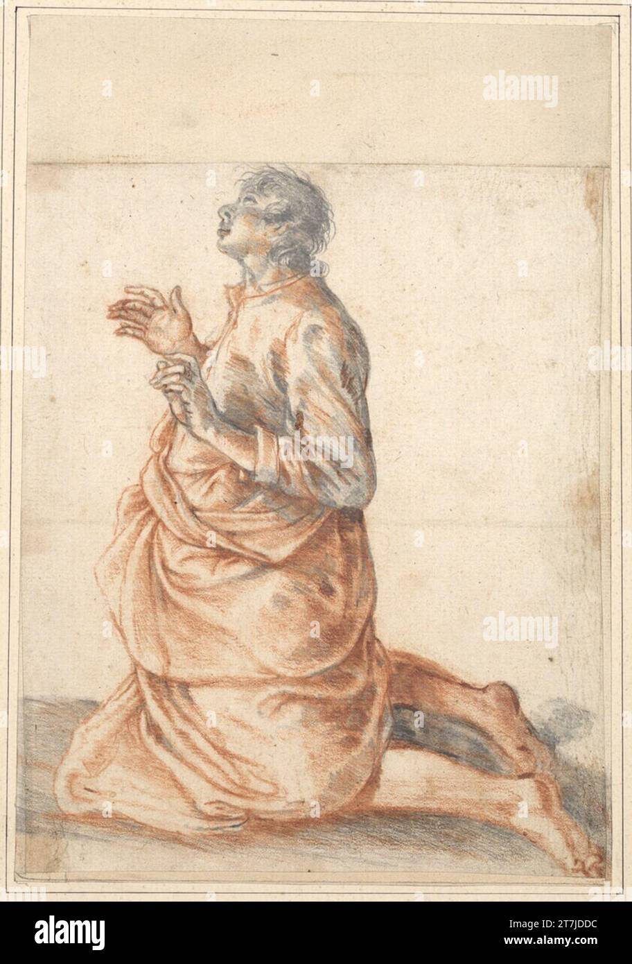 Anonym Barefoot young man, kneeling to the left. Red Chalk and graphite ...