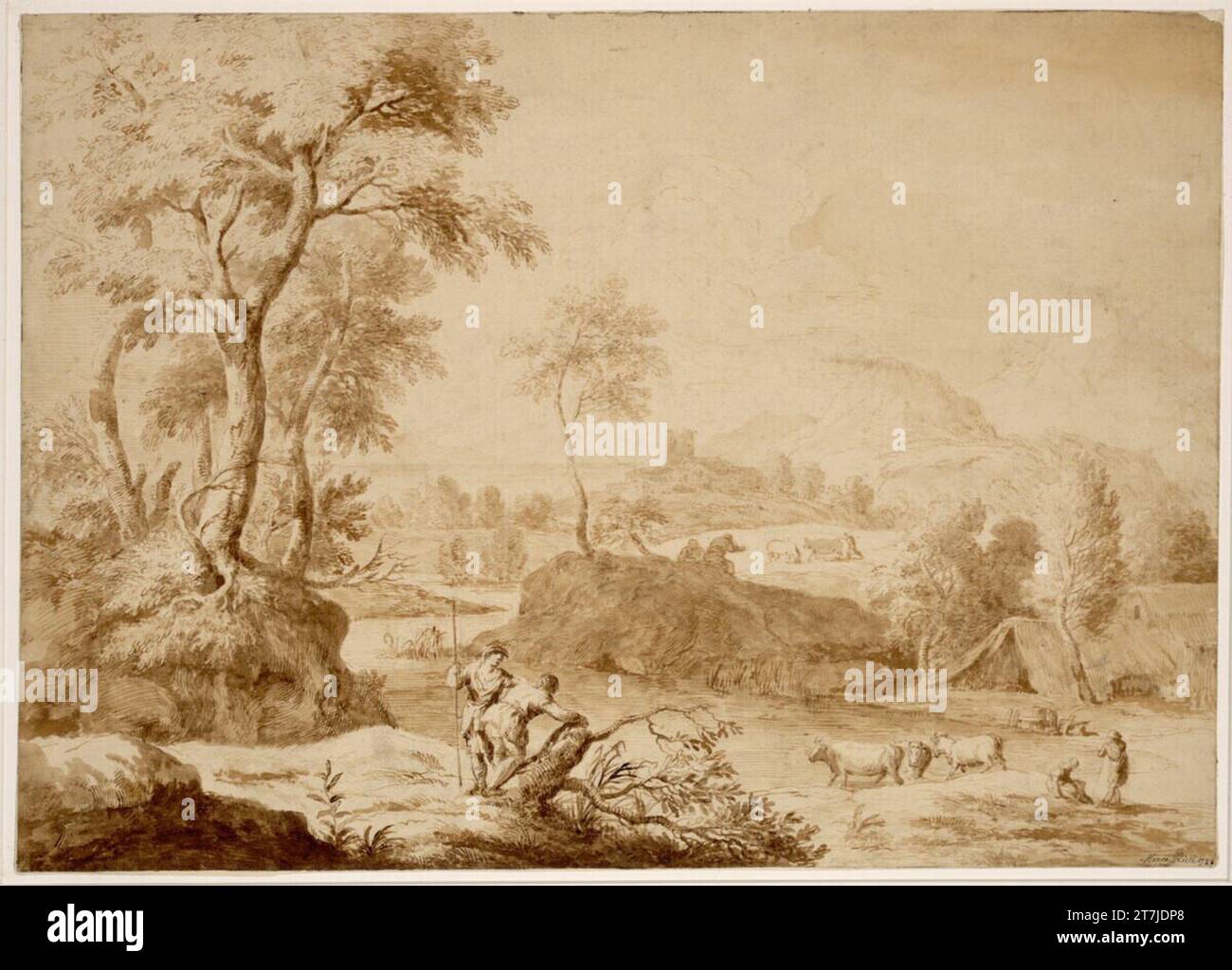 Marco Ricci River landscape with shepherds and cows. Ink, feather Stock ...