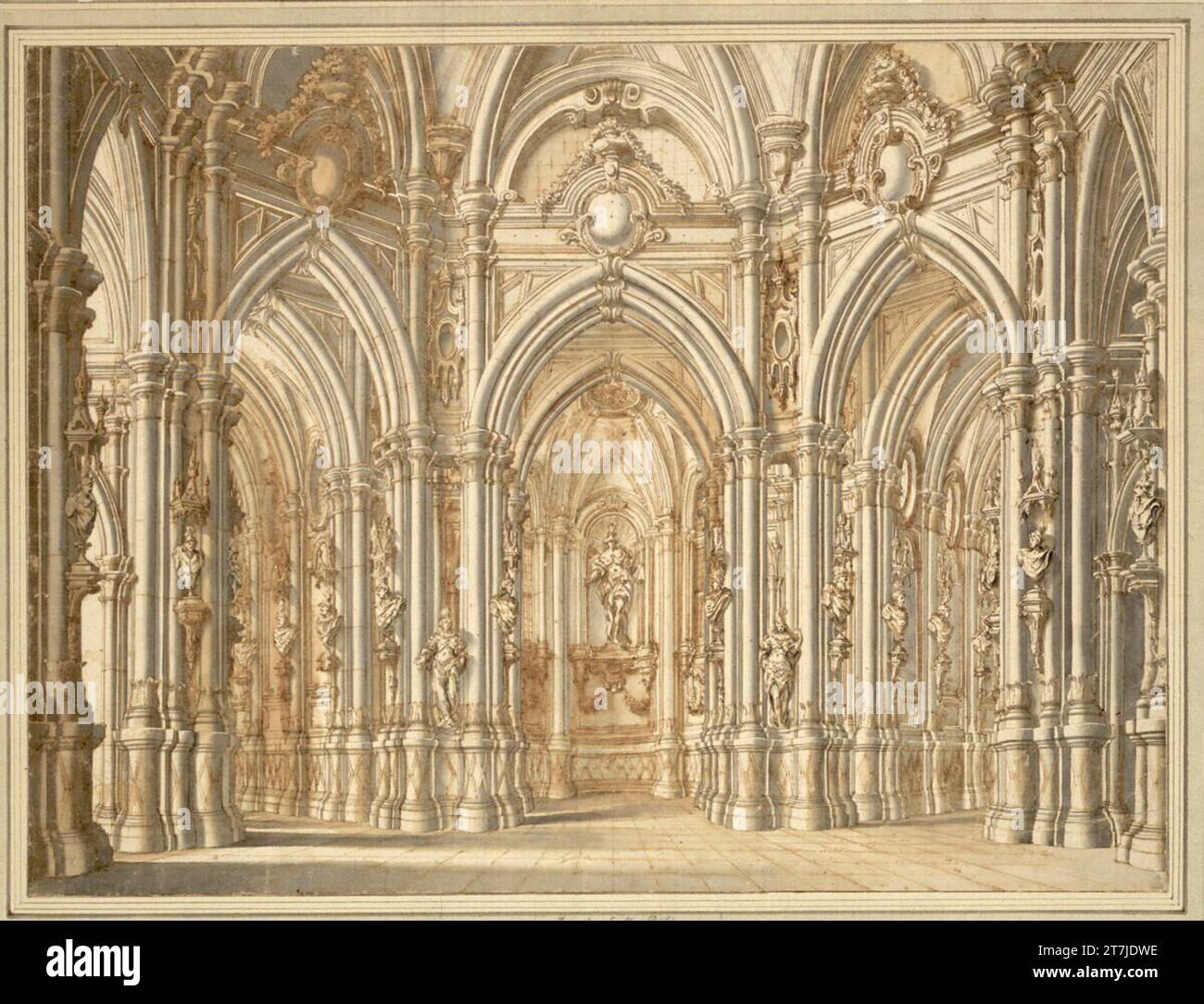 Giuseppe Galli Bibiena Gothic hall with two side galleries. Feather ...