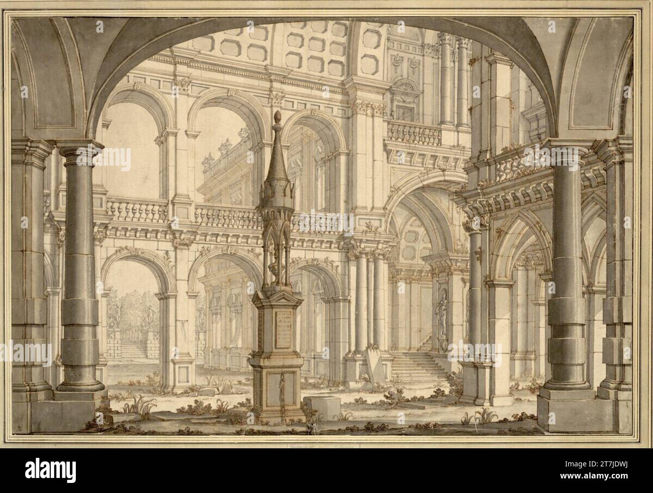 Giuseppe Galli Bibiena Baroque atrium with a Gothic monument. Feather ...