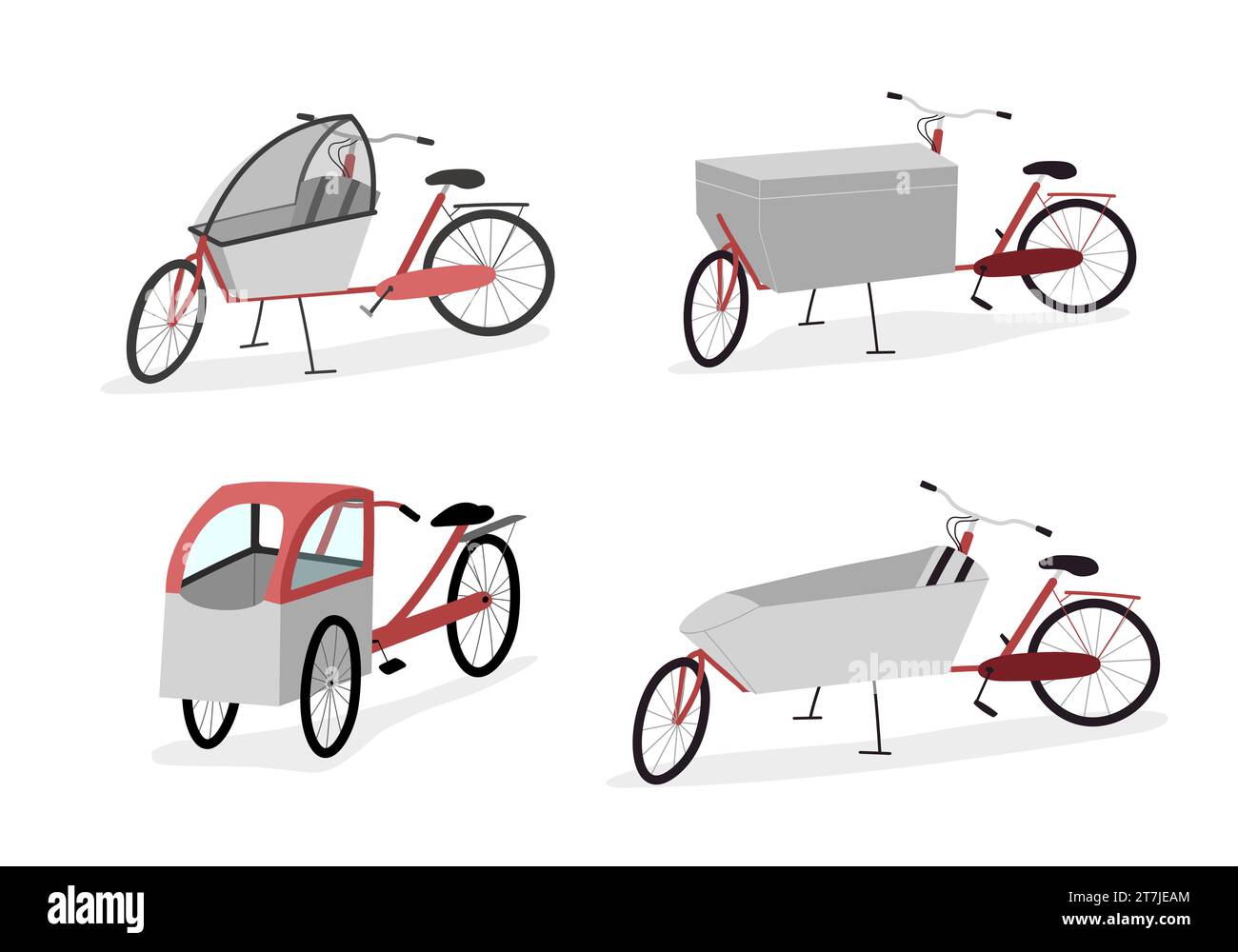 Set of different cargo bikes with two and tree wheels and rain cover ...